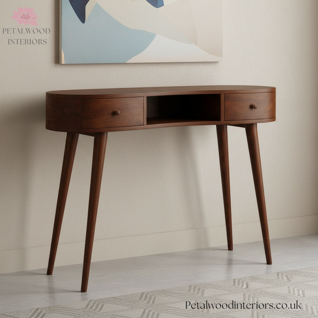 Curved Console Table, Dark Brown Solid Wood - 2 Drawers | Vintage Styl ...