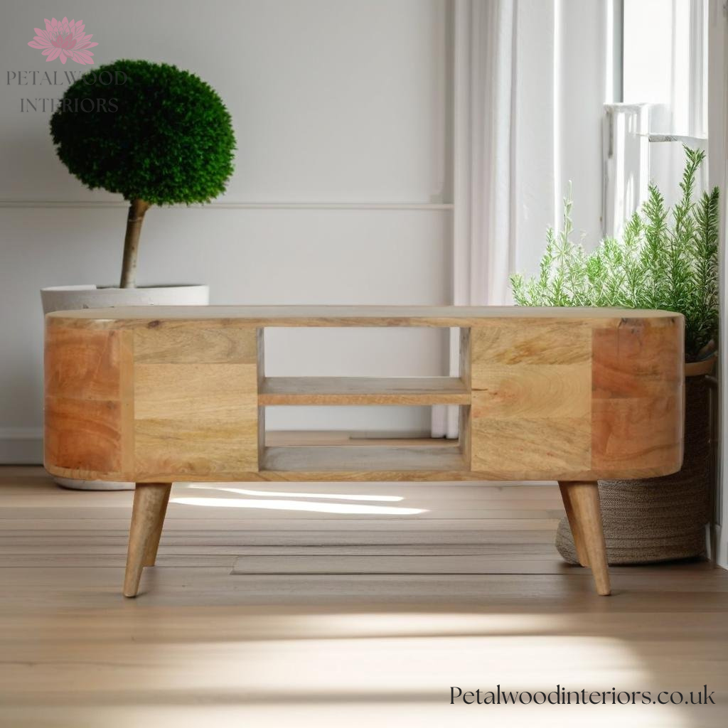 Curved TV Stand, Solid Wood 47cm - 4 Drawers & 2 Shelves – Petalwood ...