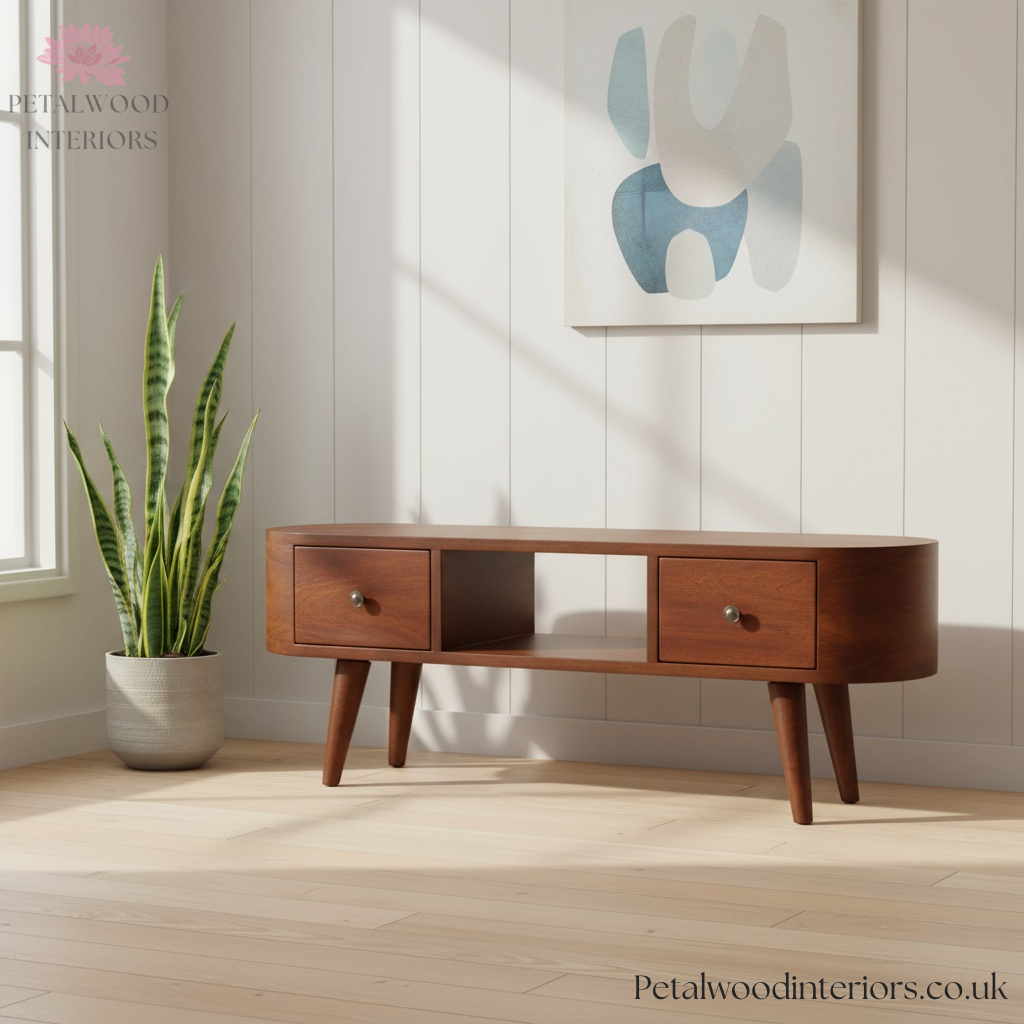 Curved TV Stand, Solid Wood - Centre Storage Shelf & Drawers ...