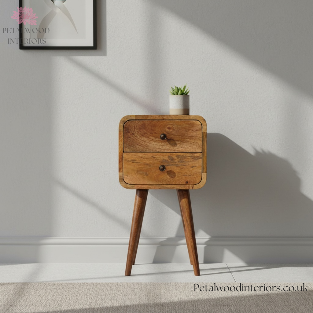 Mini Curved Bedside Table - 100% Solid Wood - 2 Drawers - 55cm H ...