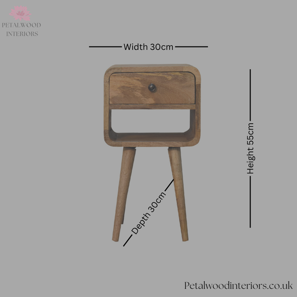 Mini Curved Bedside Table - Solid Wood Side Table - Drawer & Open Stor ...