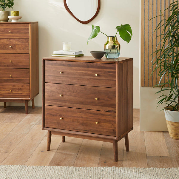 Chest of Drawers 3 Drawer Walnut 70cm - Solid Wood with Veneers ...